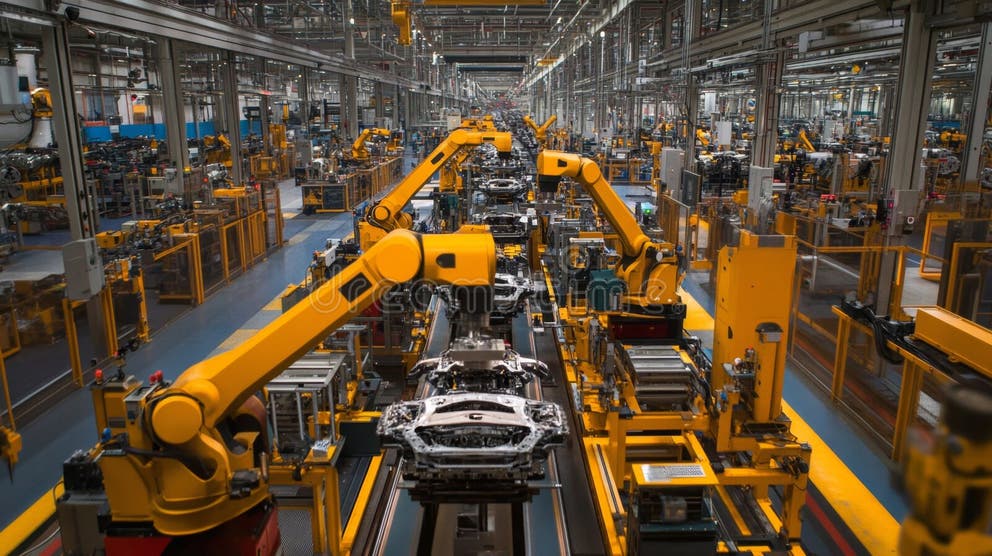 Modern Automated Factory with Robotics in Action during Assembly Line Process, Showcasing ...