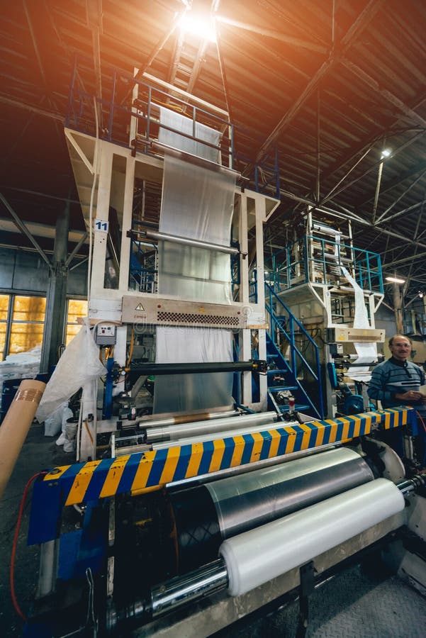 Modern Automated Production Line in Factory. Plastic Bag Manufacturing ...