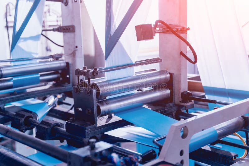 Modern Automated Production Line In Factory. Plastic Bag Manufacturing ...