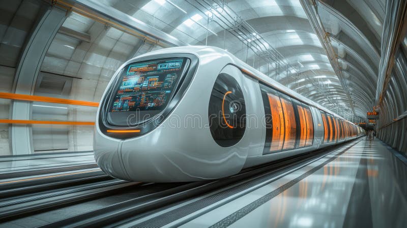 Modern Automated Subway Train Arriving at Platform in Futuristic ...