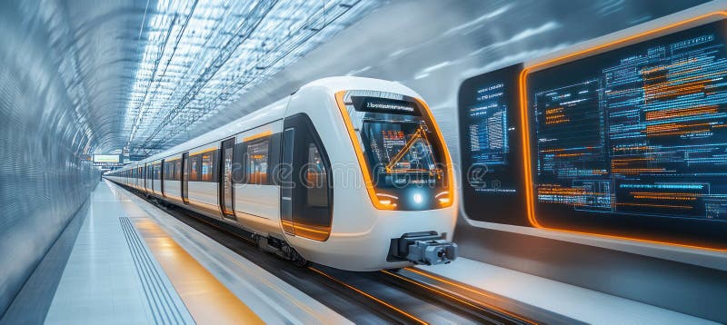 Modern Automated Subway Train Arriving at Platform in Futuristic ...