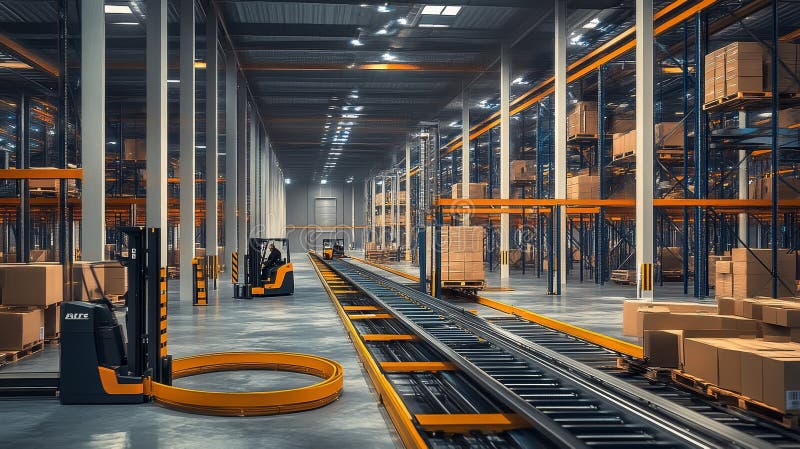 A Modern Automated Warehouse with Conveyor Belts and Forklifts ...