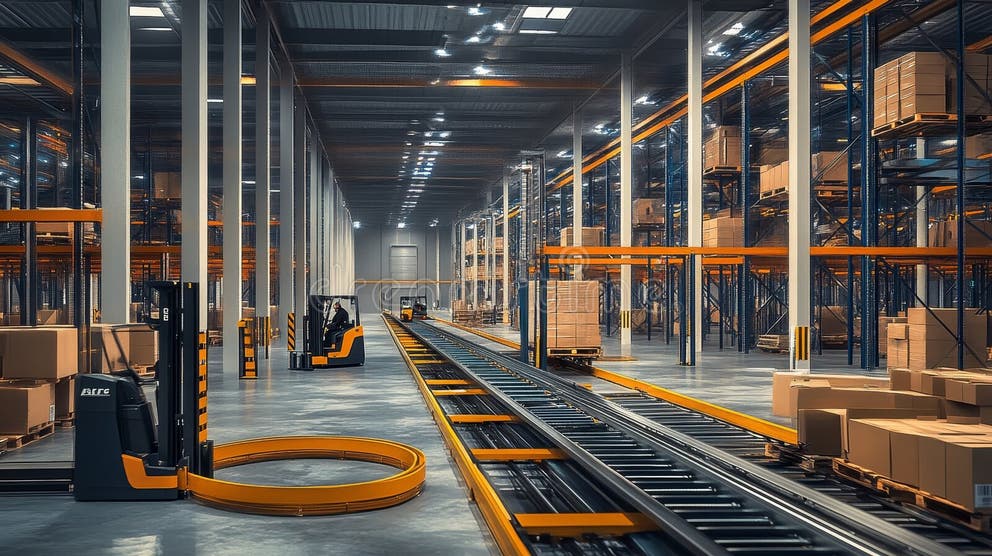 A Modern Automated Warehouse with Conveyor Belts and Forklifts ...
