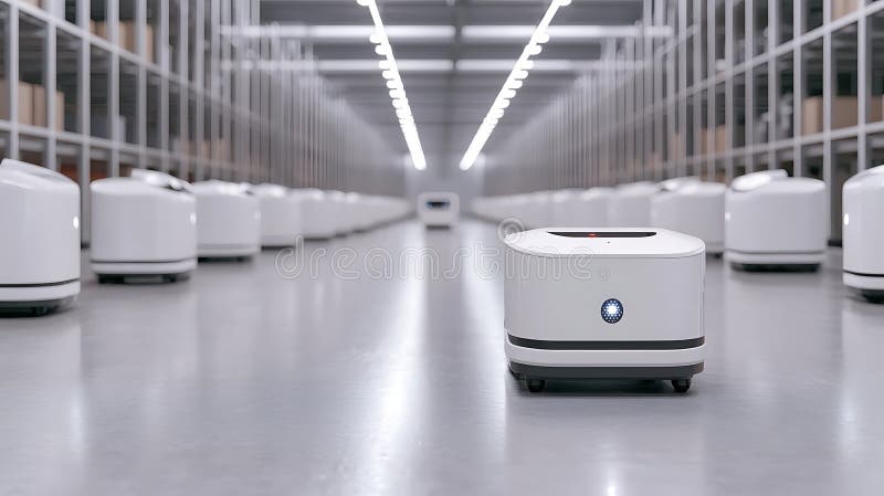 Modern Automated Warehouse with Delivery Robots Stock Illustration ...