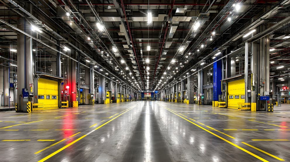 Modern Automated Warehouse Interior with High Ceilings, Bright Lighting ...