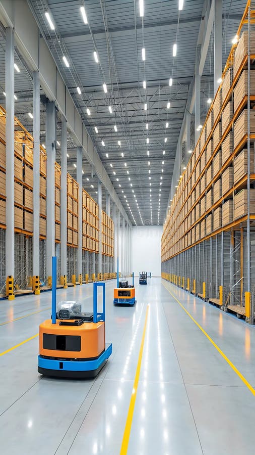 Modern Automated Warehouse Interior: Low-Angle View of Autonomous ...