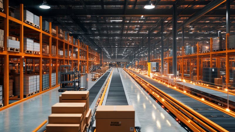 Modern Automated Warehouse with Robotic Arms and Conveyor Systems for ...