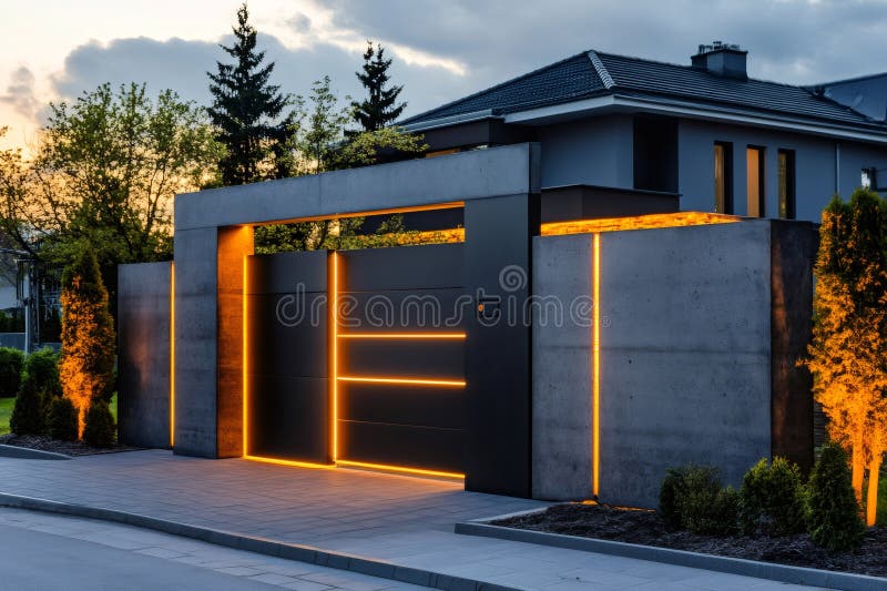 Modern Automatic Gate with Integrated Lighting Illuminating Concrete ...