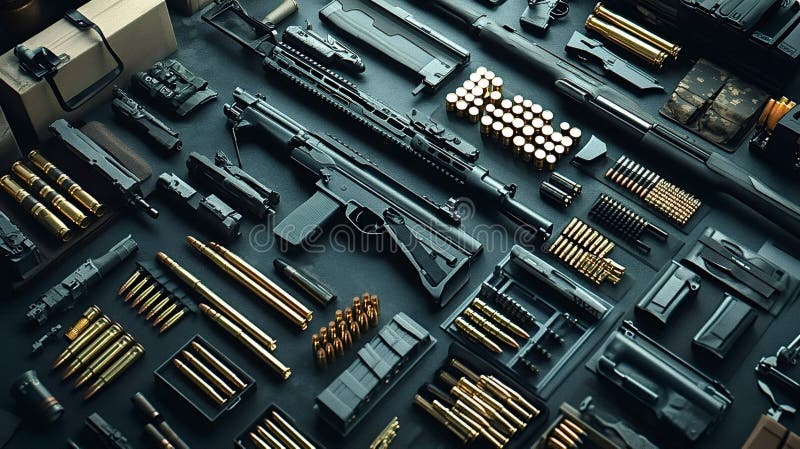 Modern Automatic Rifles, Handguns, and Ammunition Displayed on Table ...