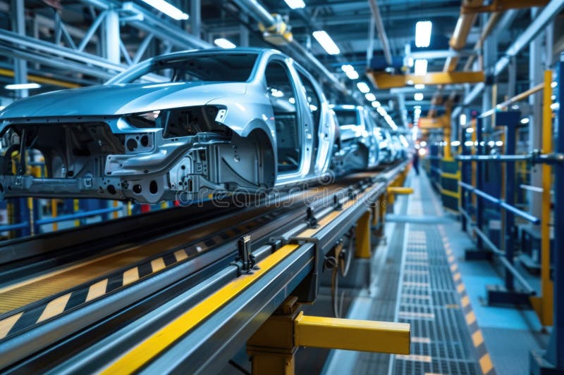 Modern Automotive Production Line with Robotic Assembly in Factory ...