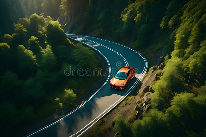 A Modern Autonomous Car Navigating a Mountain Road with a Backdrop of ...