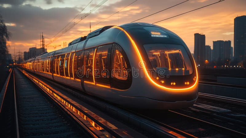 Modern Autonomous Smarttrain Operating on Urban Tracks during Twilight, Showcasing Advanced ...