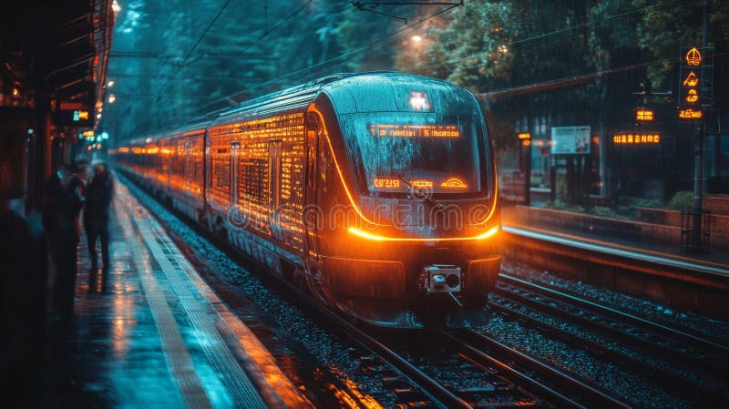 Modern Autonomous Train Operates at Night in a Busy Urban Station ...