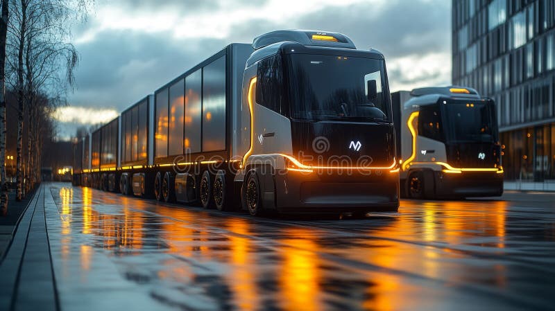 Modern Autonomous Trucks Parked at a Logistics Hub during Twilight ...