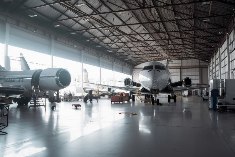 Modern Aviation Hangar with Sleek Aircraft and Technicians Working on ...