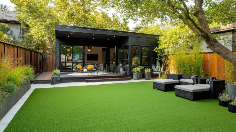 Modern Backyard with Artificial Grass and Seating Area Stock ...