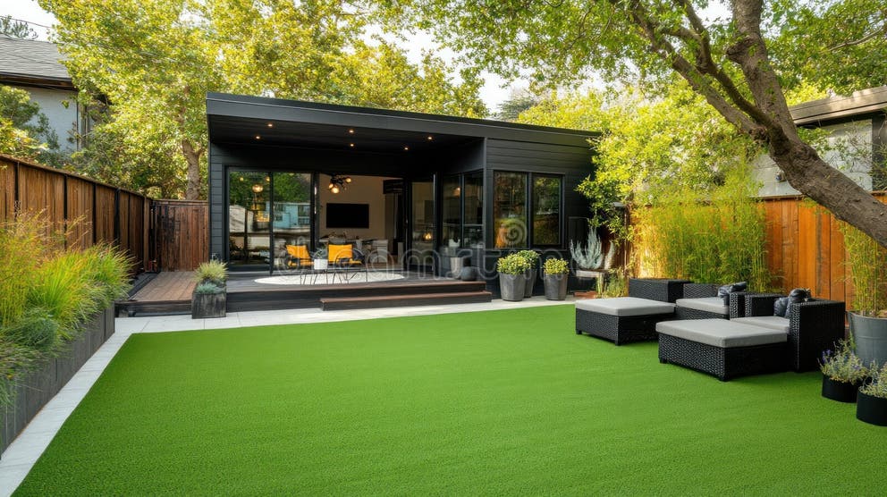 Modern Backyard with Artificial Grass and Seating Area Stock ...