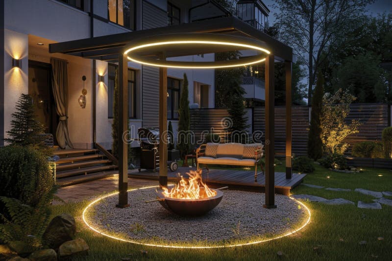 Modern Backyard Evening Scene with Illuminated Pergola and Fire Pit ...