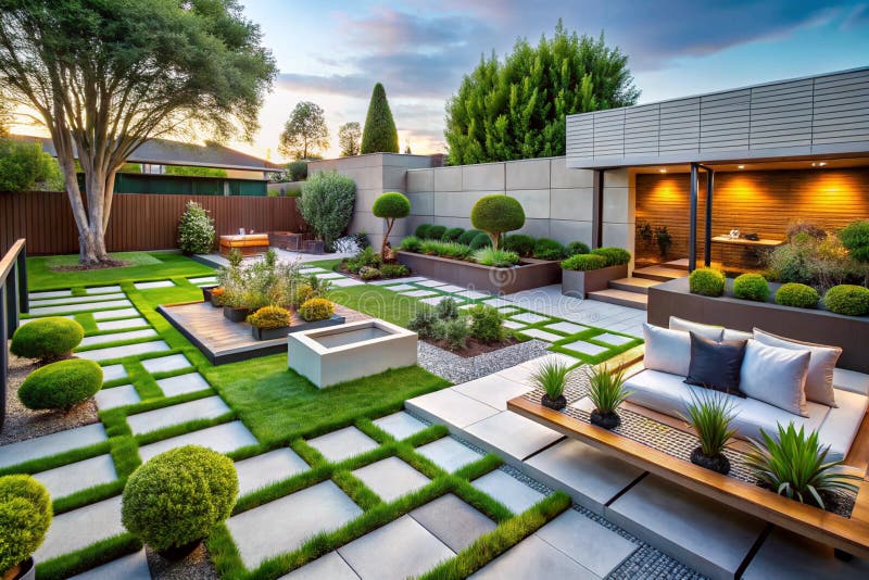 Modern Backyard with Geometric Landscaping Stock Illustration ...