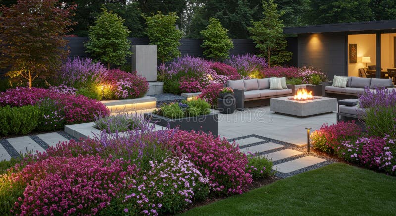 Modern Backyard Garden with Purple Flowers at Night Stock Photo - Image ...