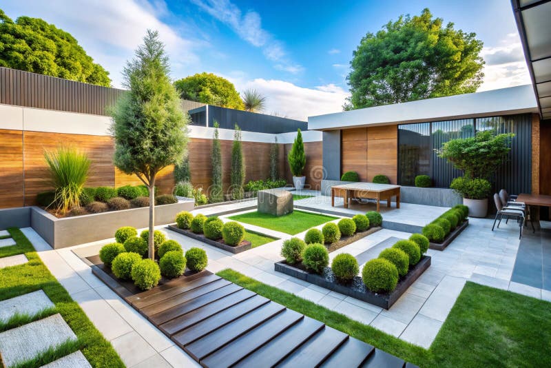 Modern Backyard with Geometric Landscaping Stock Illustration ...