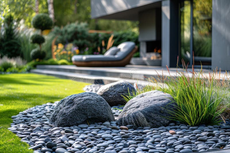 Modern Backyard with Large Decorative Boulders, Stylish Grass Layout ...