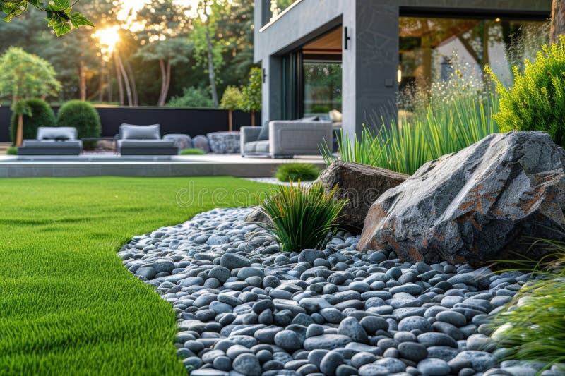 Modern Backyard with Large Decorative Boulders, Stylish Grass Layout ...