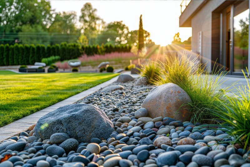 Modern Backyard with Large Decorative Boulders, Stylish Grass Layout ...
