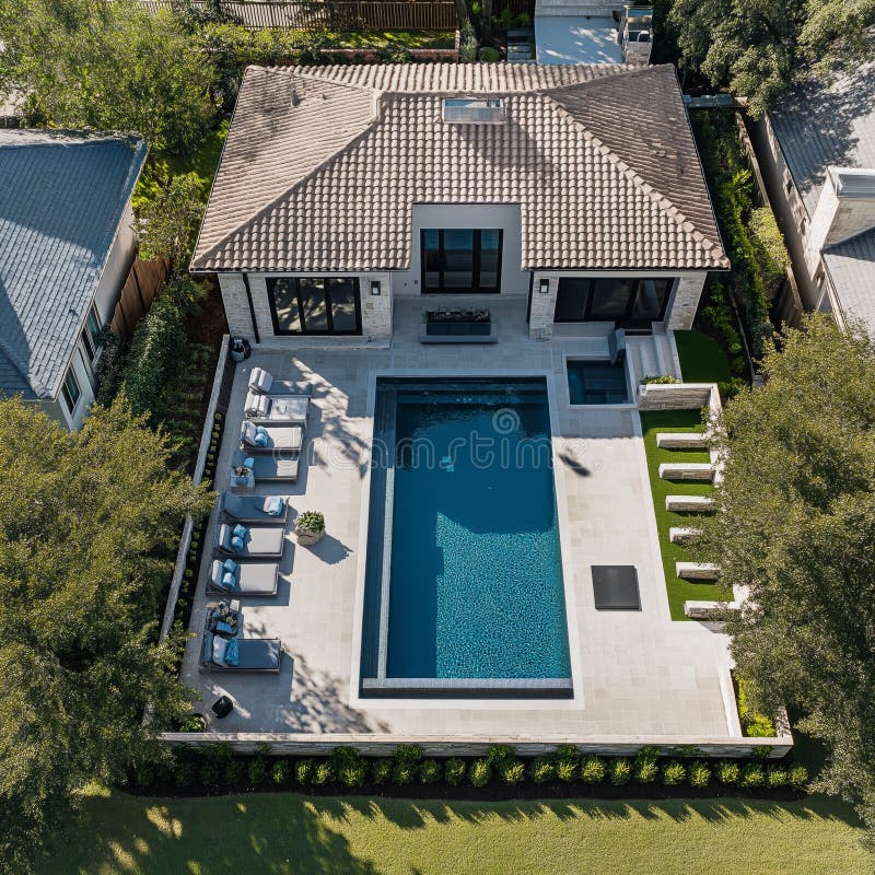 Modern Backyard with Luxurious Pool and Lounge Area Top View Stock ...