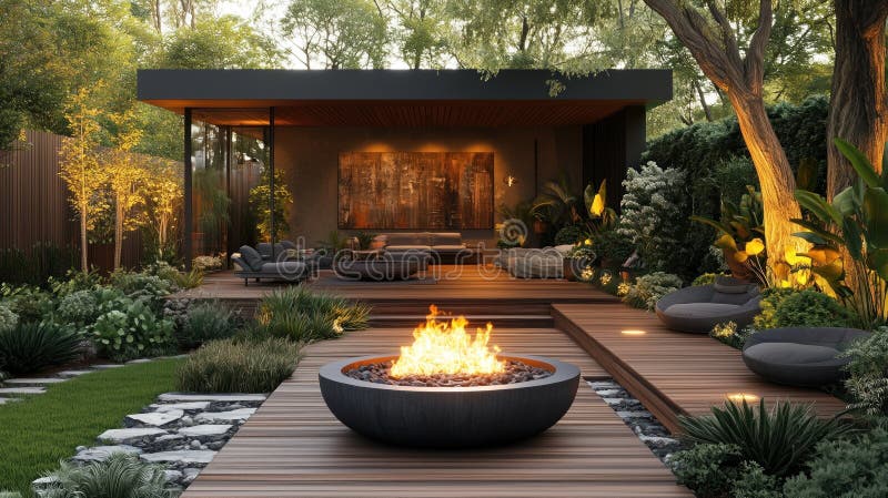 Modern Backyard Oasis with Fire Pit and Cozy Seating Amidst Lush ...