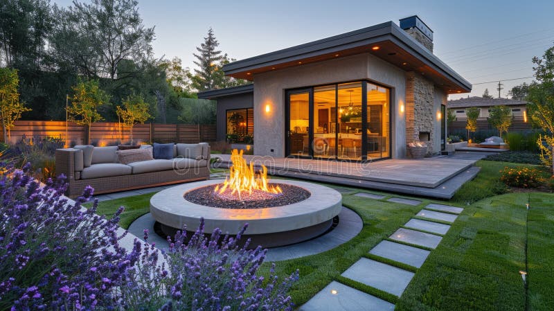 Modern Backyard with Outdoor Seating, Fire Pit, and Landscaping at Dusk ...