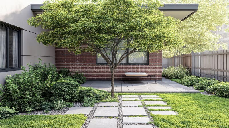 Modern Backyard Patio Design with Tree Stock Image - Image of living ...