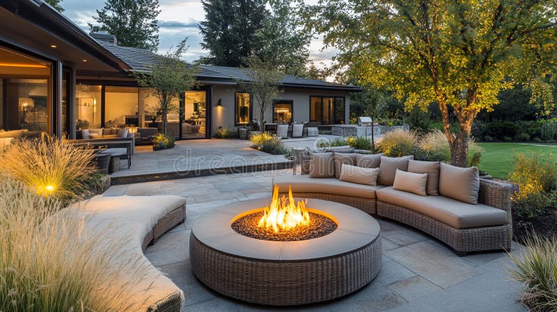 Modern Backyard Patio Fire Pit Curved Seating Stock Photos - Free ...