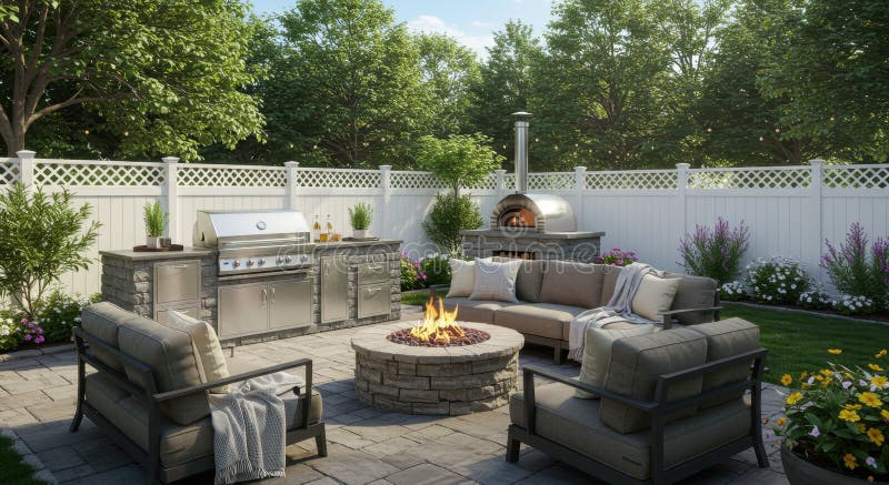 Modern Backyard Patio with Fire Pit Grill and Pizza Oven Stock Photo ...