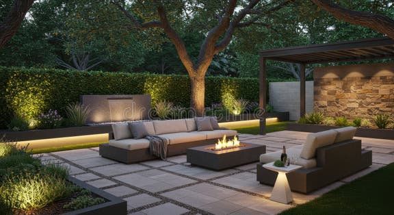 Modern Backyard Patio with Fire Pit at Night Stock Image - Image of ...