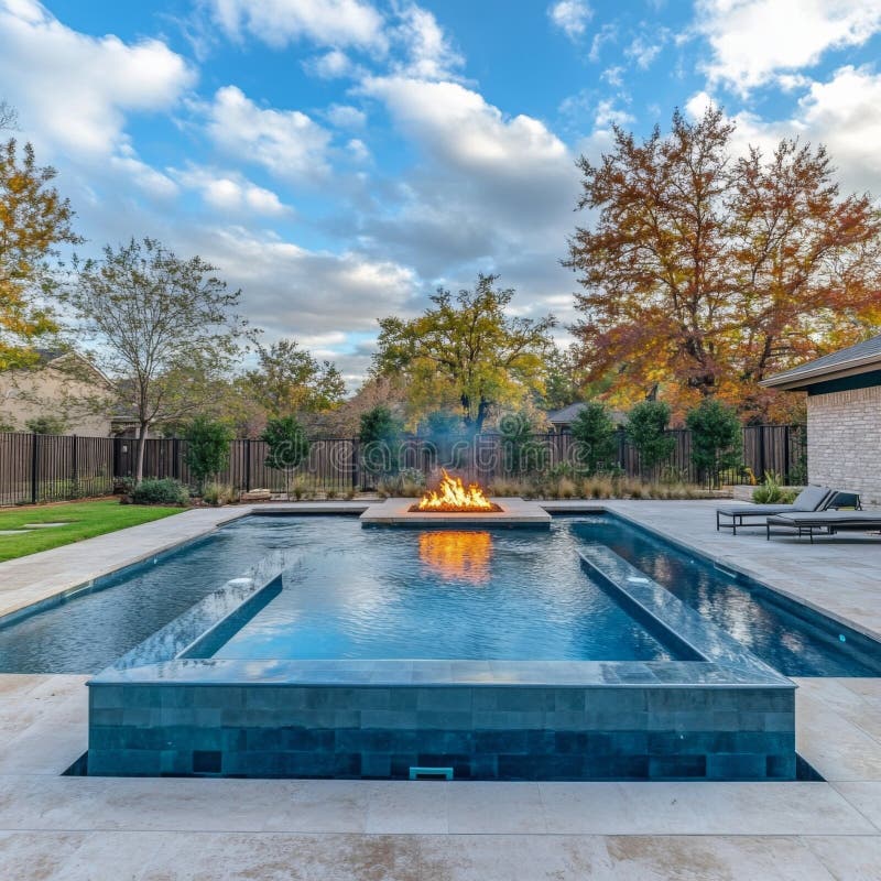 Modern Backyard Pool with Central Fire Pit Surrounded by Trees and ...