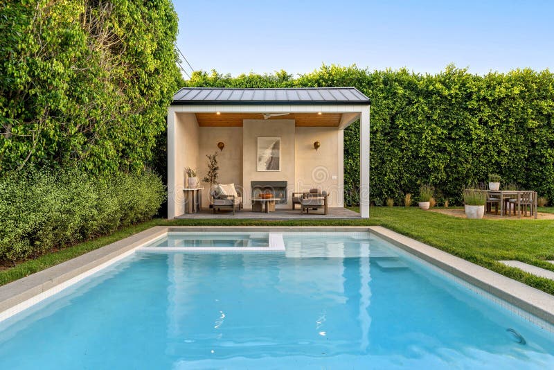 Modern Backyard with Pool and Patio. Stock Image - Image of backyard ...