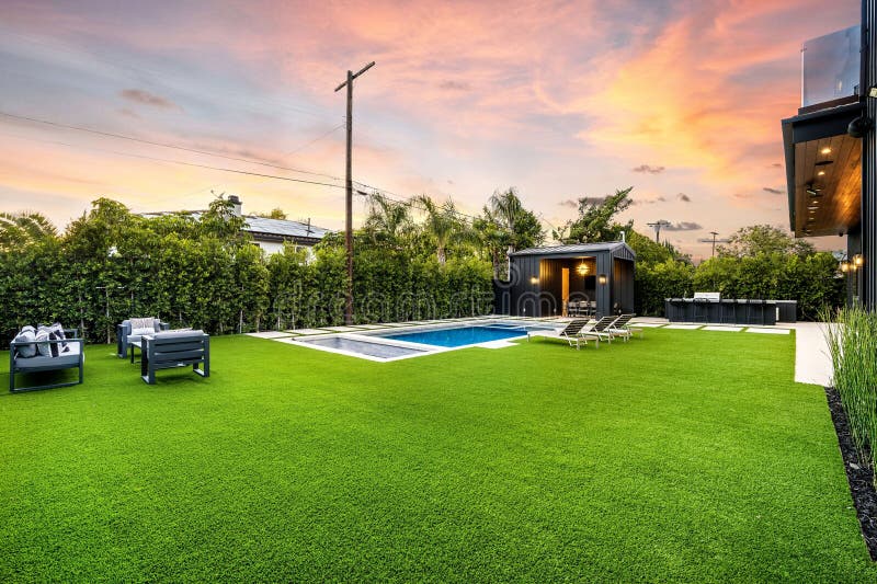 Modern Backyard with Pool and Sunset Sky Stock Photo - Image of summer ...