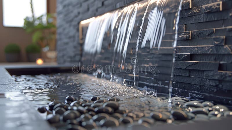 A Modern Backyard Water Feature with Stone Wall Stock Image - Image of ...