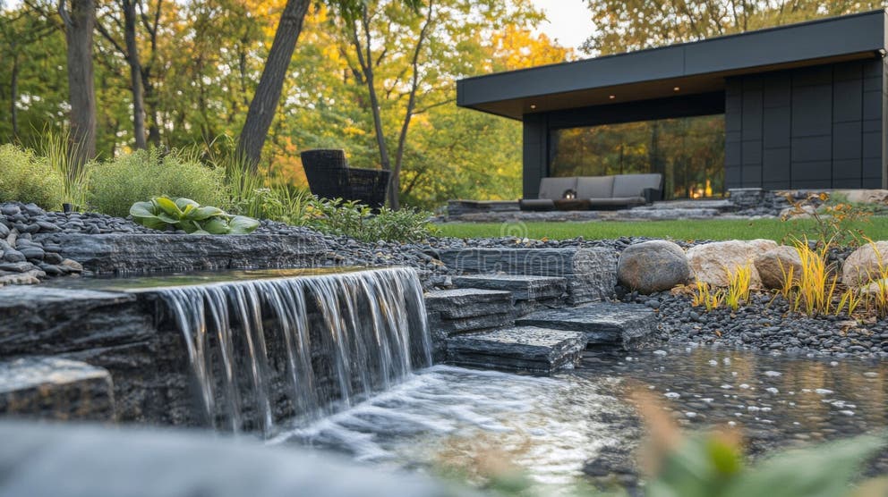 Modern Backyard Waterfall Design with Autumn Foliage Stock Illustration ...