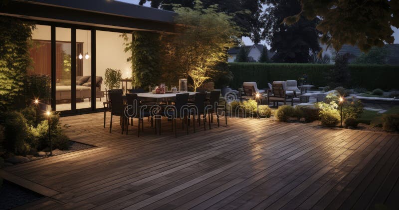 A Modern Backyard with a Wooden Patio at Night. Generative AI Stock ...