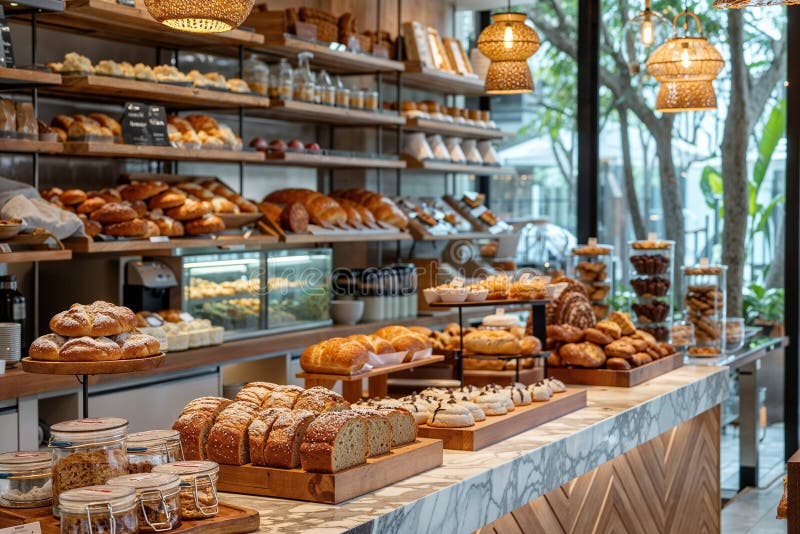 Modern Bakery Cafe Interior with Assorted Breads and Desserts on ...