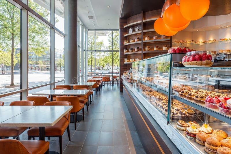 Modern Bakery Cafe Interior with Glass Pastry Display and Urban View ...