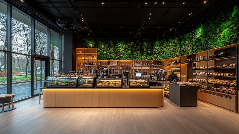 Modern Bakery Cafe with a Sleek Design, Showcasing Fresh Baked Goods ...