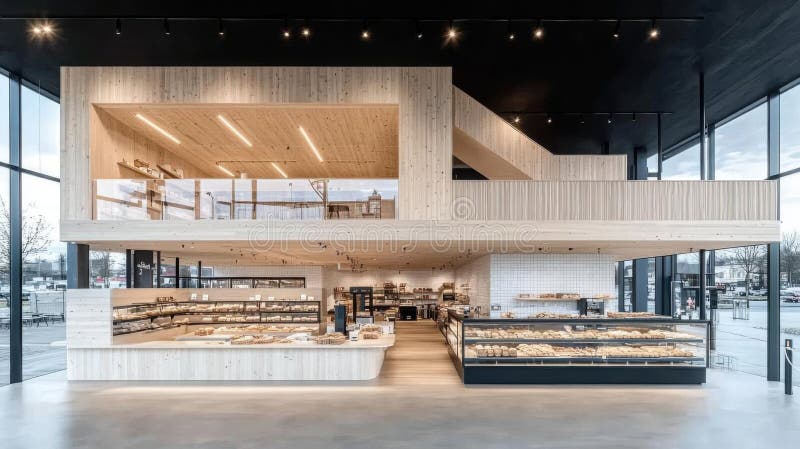 Modern Bakery Design, Two-Story Wood Interior Stock Illustration ...