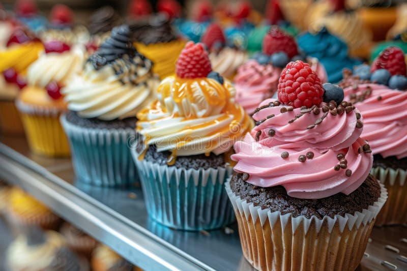 Modern Bakery Display, Vibrant Cupcakes Artfully Presented on a Sleek ...