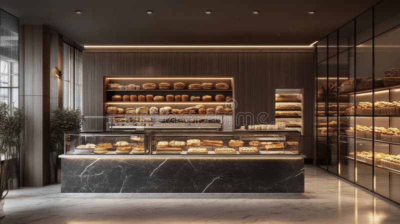 Modern Bakery Interior with Display Cases Filled with Bread and ...