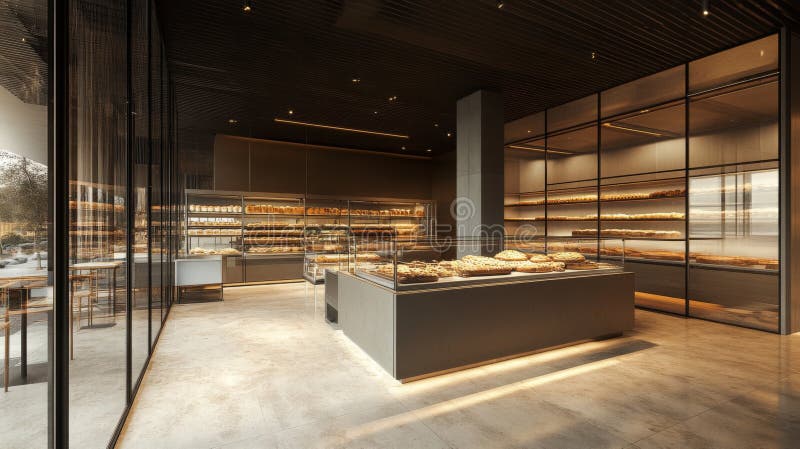 Modern Bakery Interior with Display Cases Filled with Bread and ...