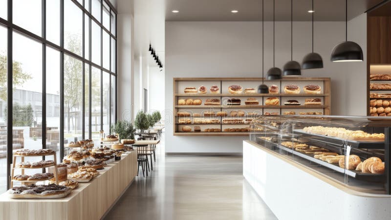 Modern Bakery Interior with Display Cases and Pastries Stock ...
