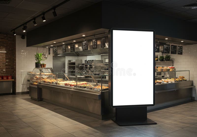 Modern Bakery Interior Featuring a Large Blank Digital Screen in the ...